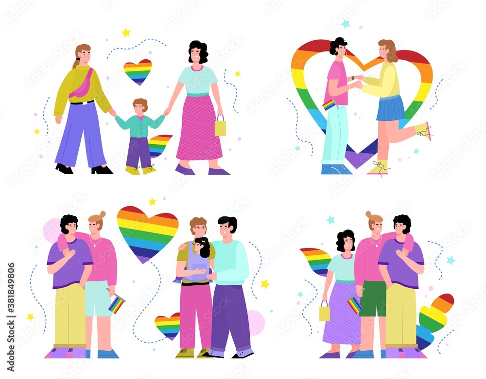 LGBT couples with rainbow symbols set of cartoon characters, flat ...