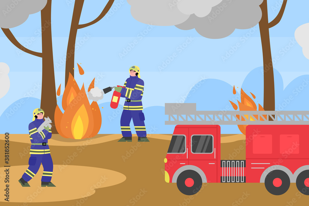Background with firefighters trying to put out fires in the forest ...