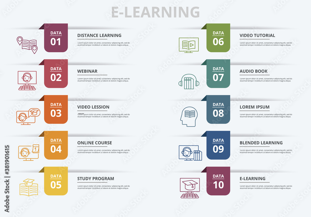 Infographic E-Learning template. Icons in different colors. Include ...