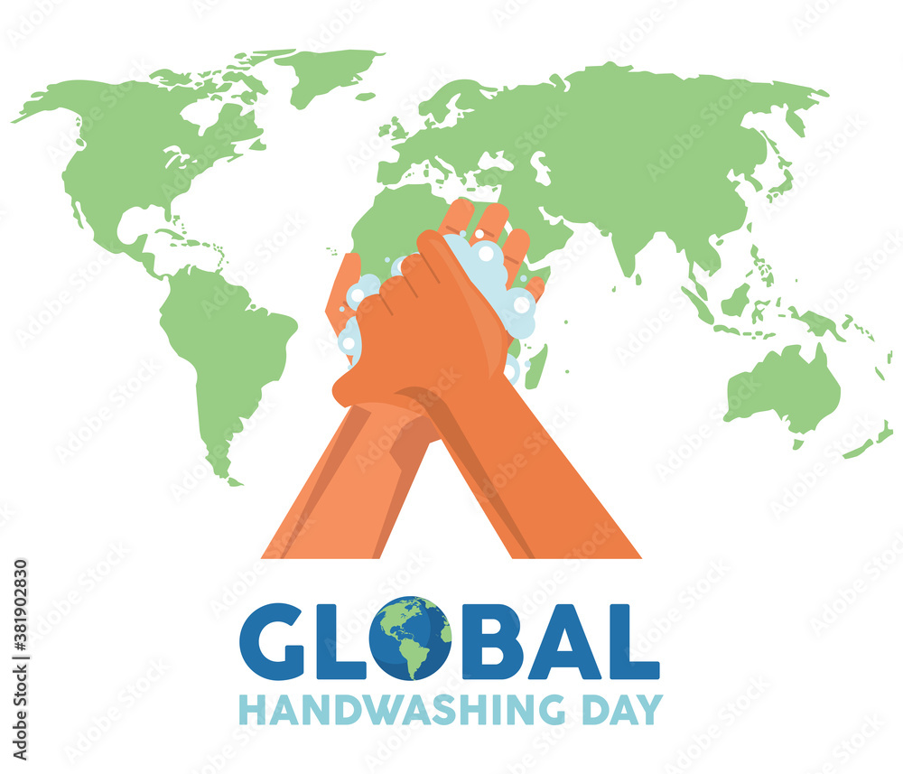 global handwashing day lettering with hands washing and earth maps ...