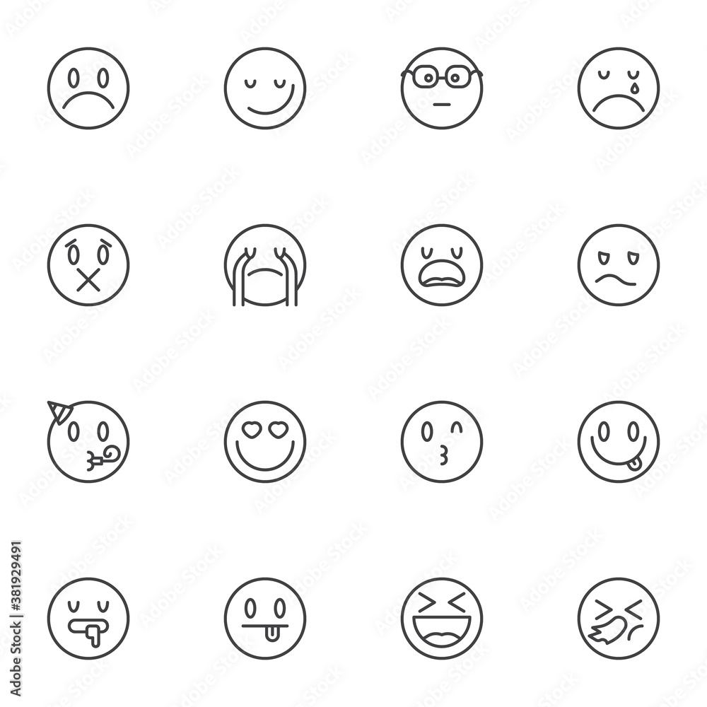 Circle emoji line icons set, emoticon smiley outline vector symbol ...