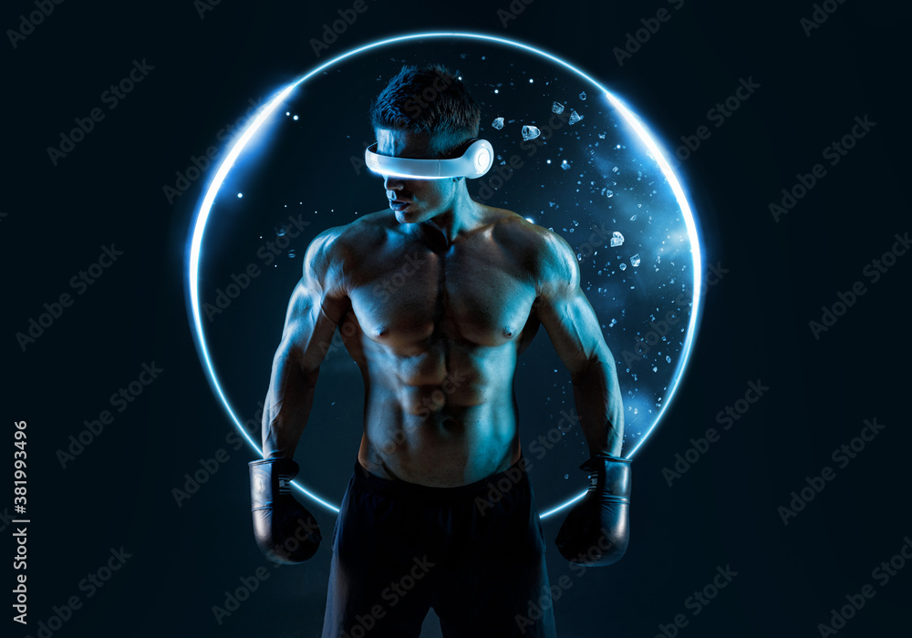 Muscular model sports young man in glasses of virtual reality and ...
