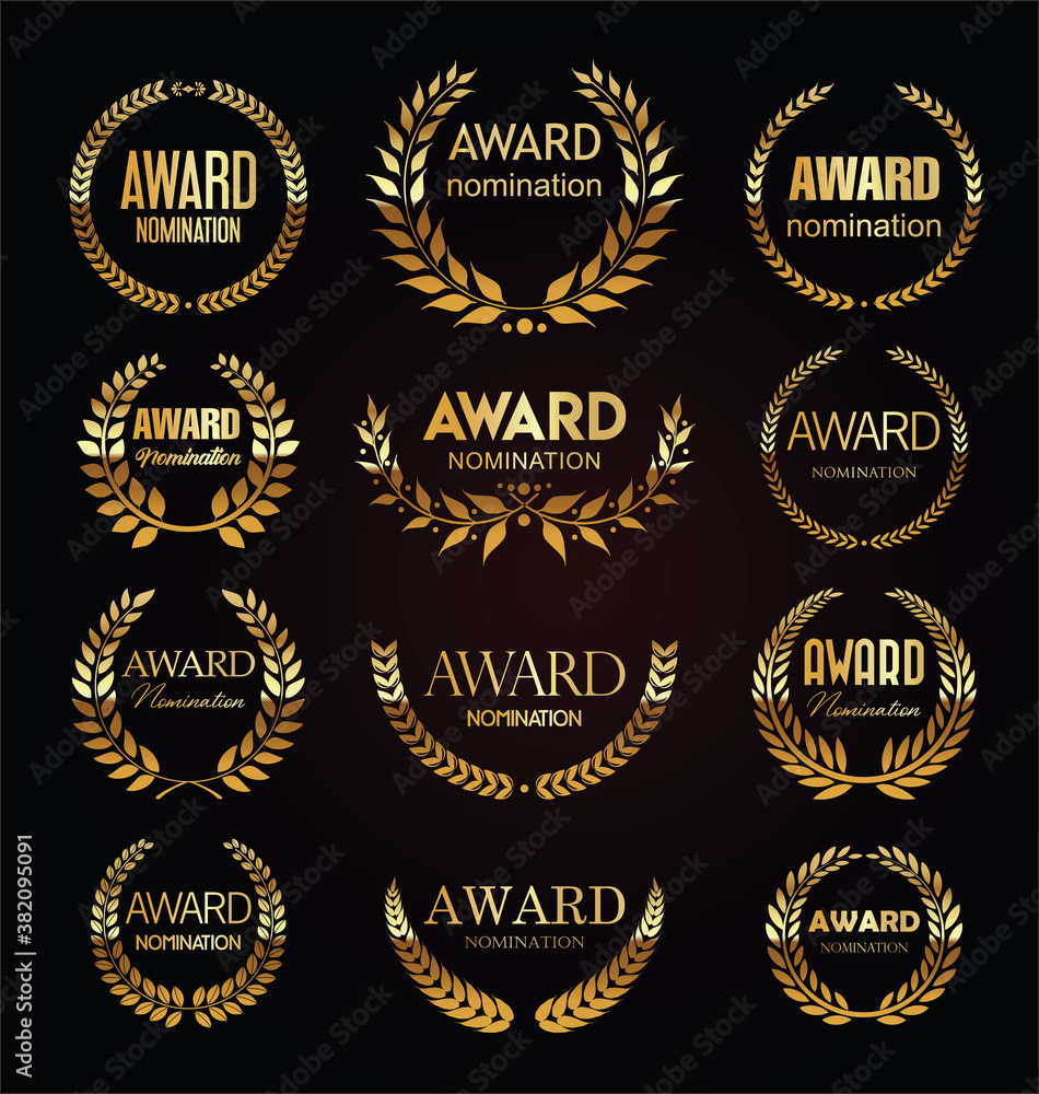 Golden award signs with laurel wreath isolated on black background ...