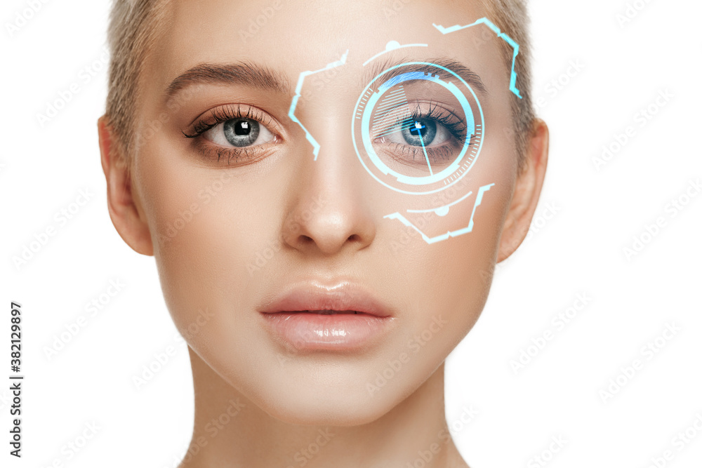 Meet the future. Woman with cyber technology eye panel, cyberspace ...