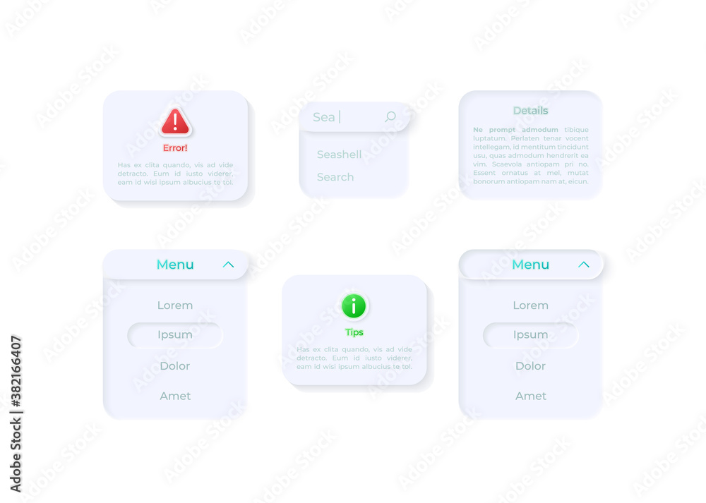 Info panels UI elements kit. Search field. Dropdown menu isolated vector icon, bar and dashboard ...