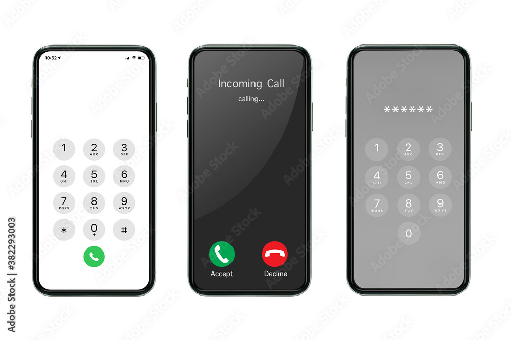 Incoming call phone screen interface. display keypad with numberst for mobile phone and slide to ...