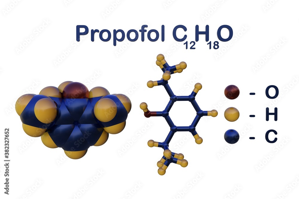 Structural chemical formula and molecular model of propofol, a short ...