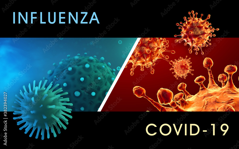 Influenza vs. COVID-19 - The Differences. Microscopic view of ...