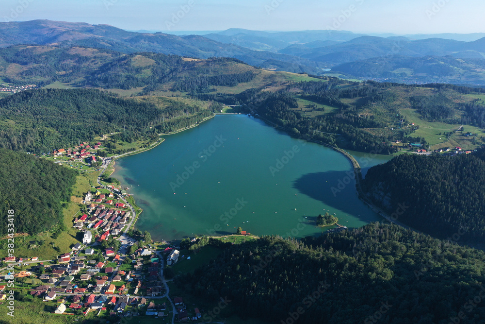 Aerial view of the Palcmanska Masa reservoir in the village of Dedinky ...