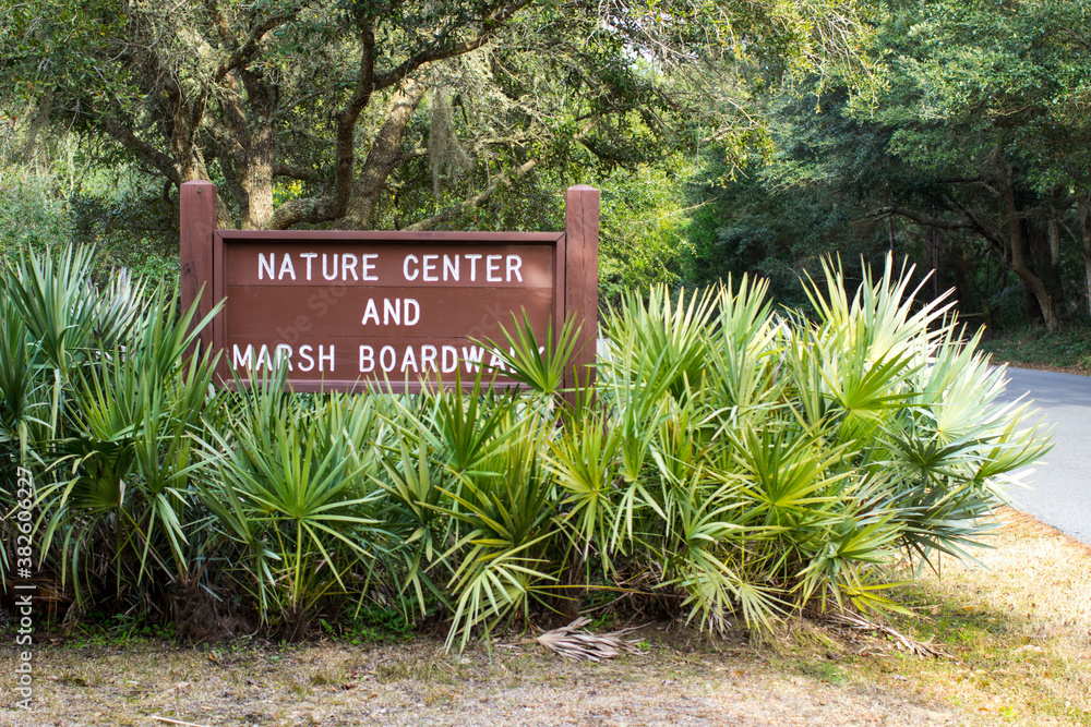 Sign for the nature center and boardwalk in the Low country of South Carolina at Huntington ...