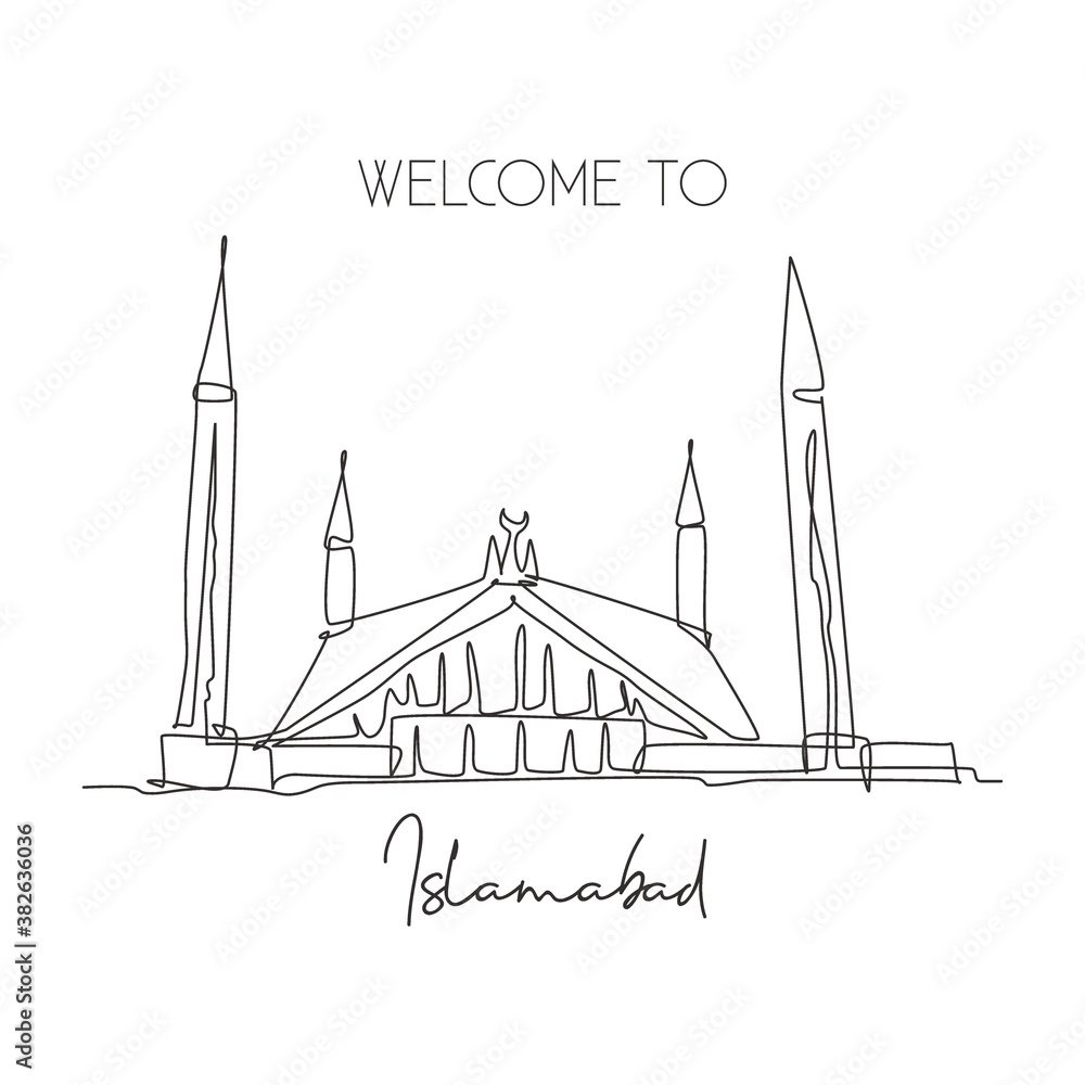 Single continuous line drawing Shah Faisal Mosque landmark. Beautiful ...
