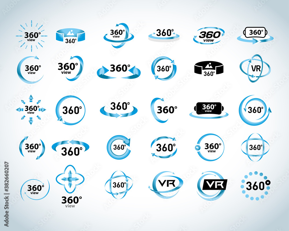360 Degrees View Vector Icons set. Virtual reality icons. Isolated ...