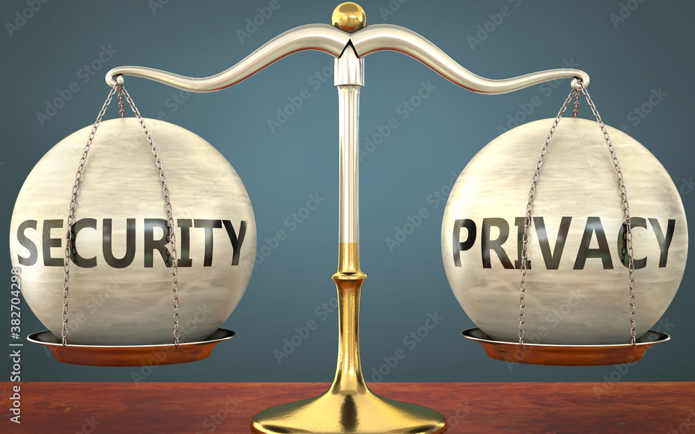 Security And Privacy Staying In Balance Pictured As A Metal Scale With Weights And Labels