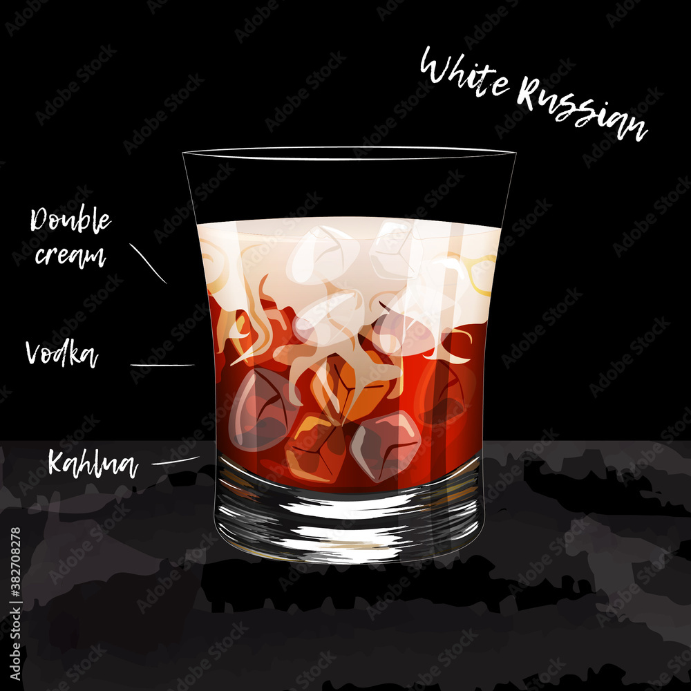 White russian cocktail with recipe, hand drawn ice cubes, double cream ...