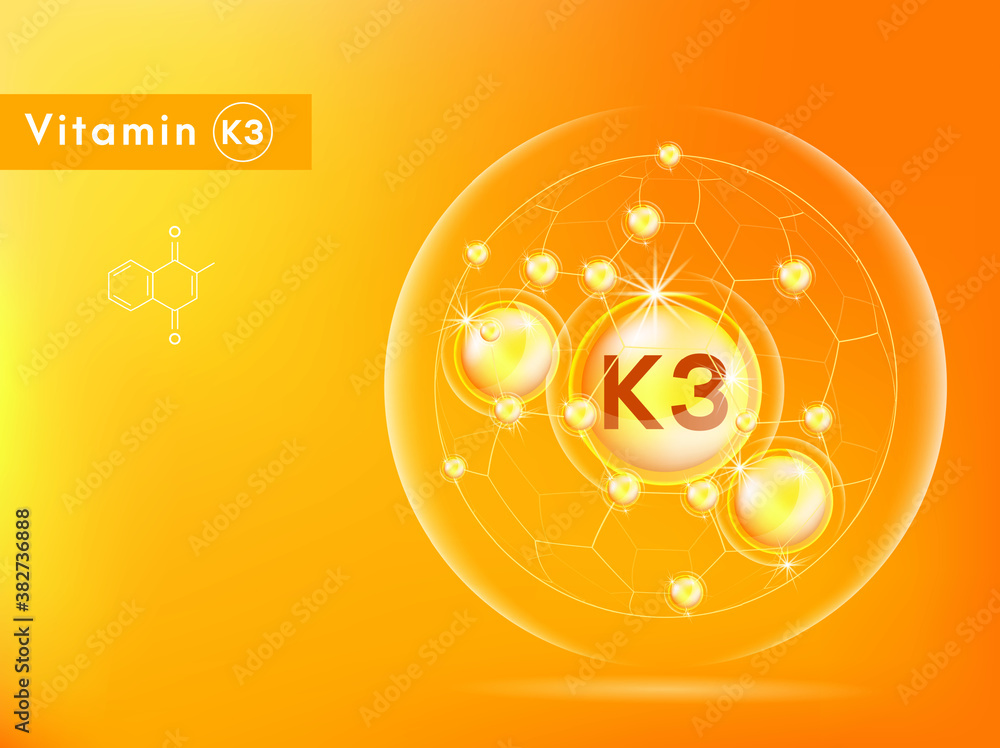 Vitamin K3 and structure. Medicine capsule, Golden substance. 3D ...