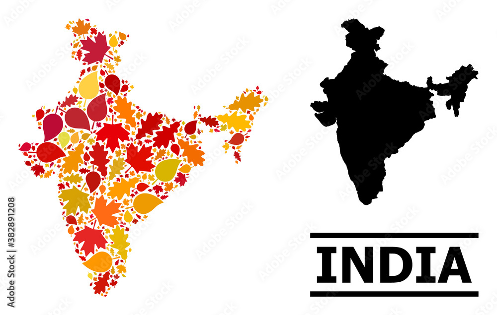 Mosaic autumn leaves and usual map of India. Vector map of India is ...