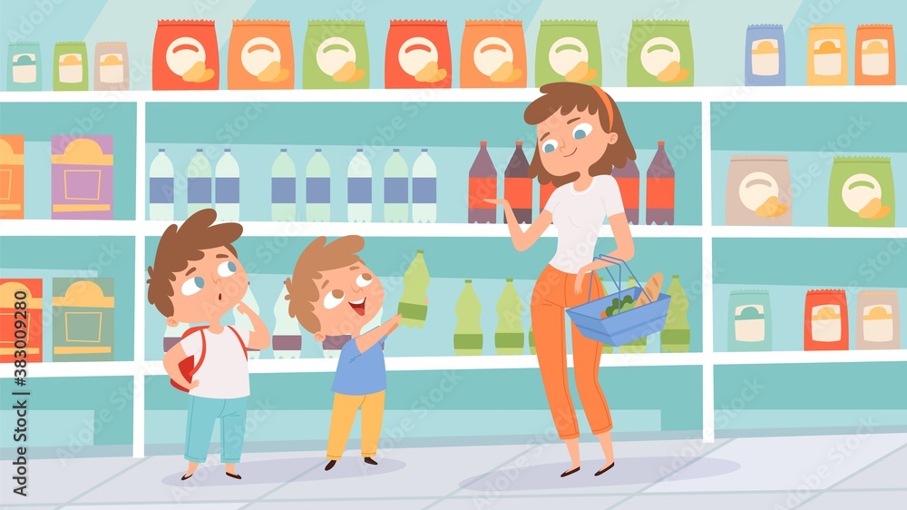 Family in grocery store. Mother son shopping in supermarket. Children ...