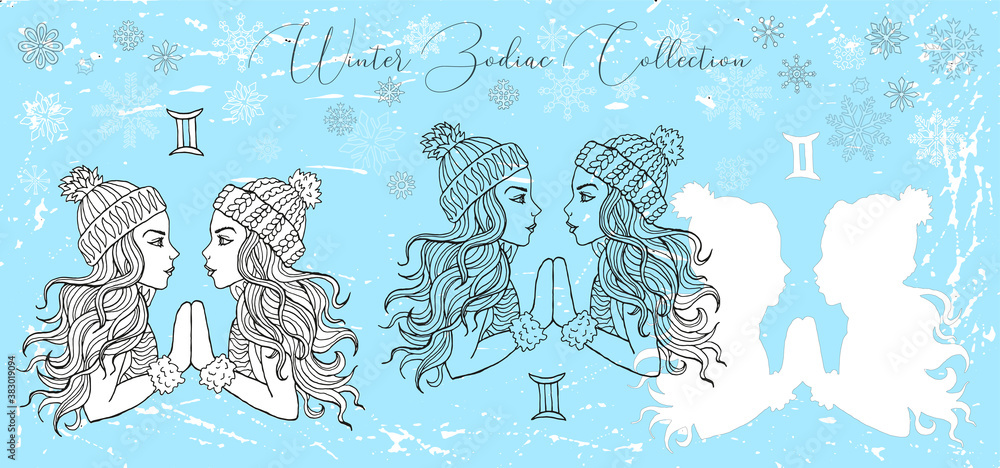 Doodle set with Gemini zodiac symbol. Two beautiful twin girls against ...