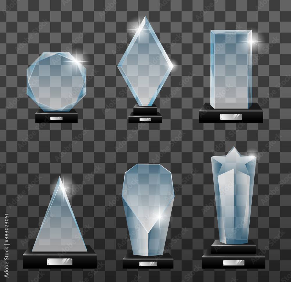 Vetor Glass awards. Realistic transparent winner trophy, acrylic stars ...