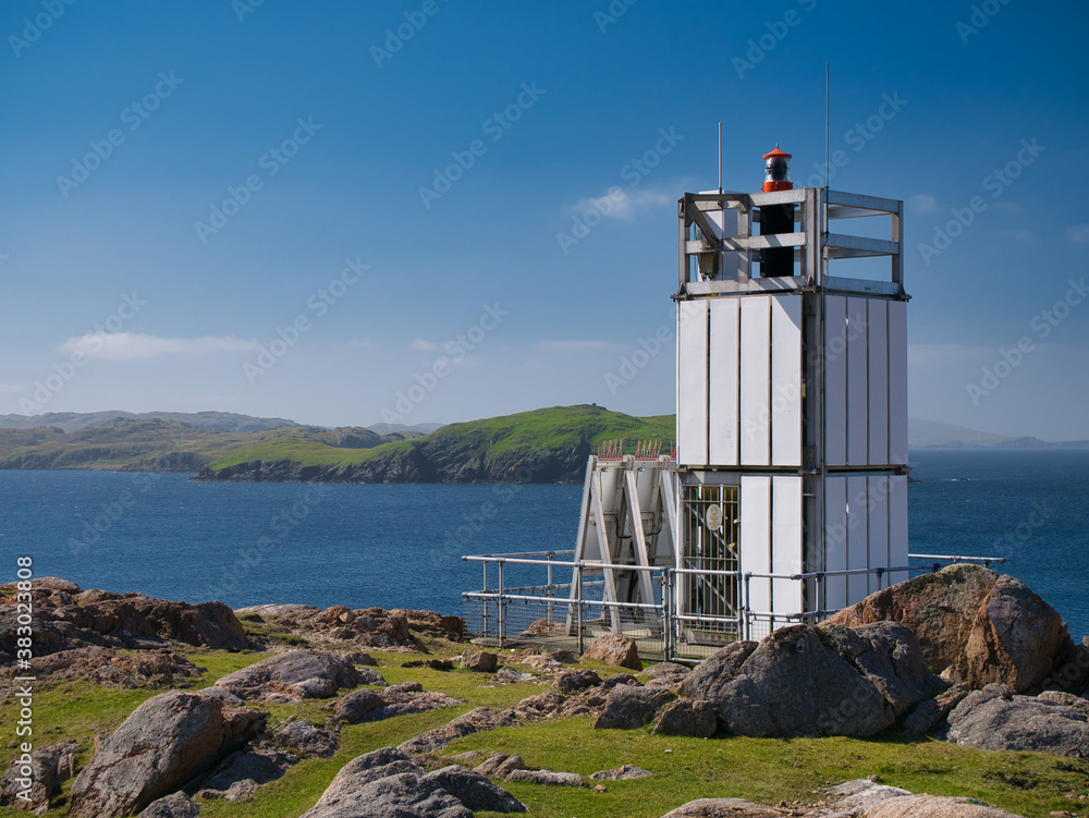 The aluminium clad tower and solar panels of solar powered Muckle Roe ...