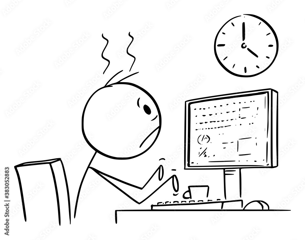 Vector cartoon stick figure drawing conceptual illustration of tired or ...