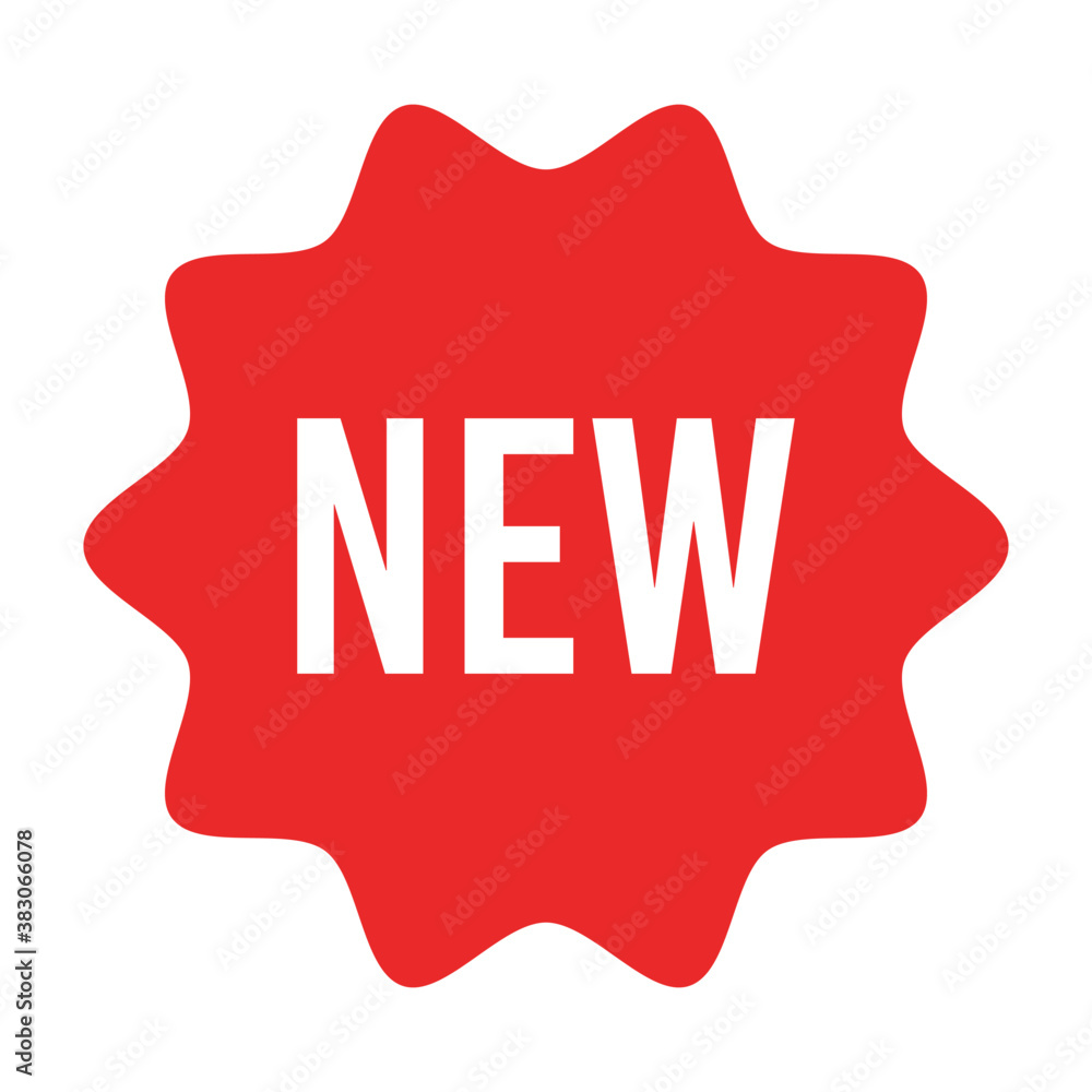 Red starburst sticker with new sign - circle sun and star burst badges ...