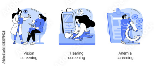 Newborn healthcare abstract concept vector illustration set. Vision and ...