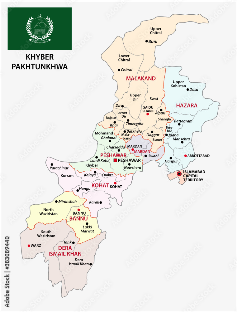 Vector de Stock administrative vector map of pakistani province of Khyber Pakhtunkhwa with flag ...