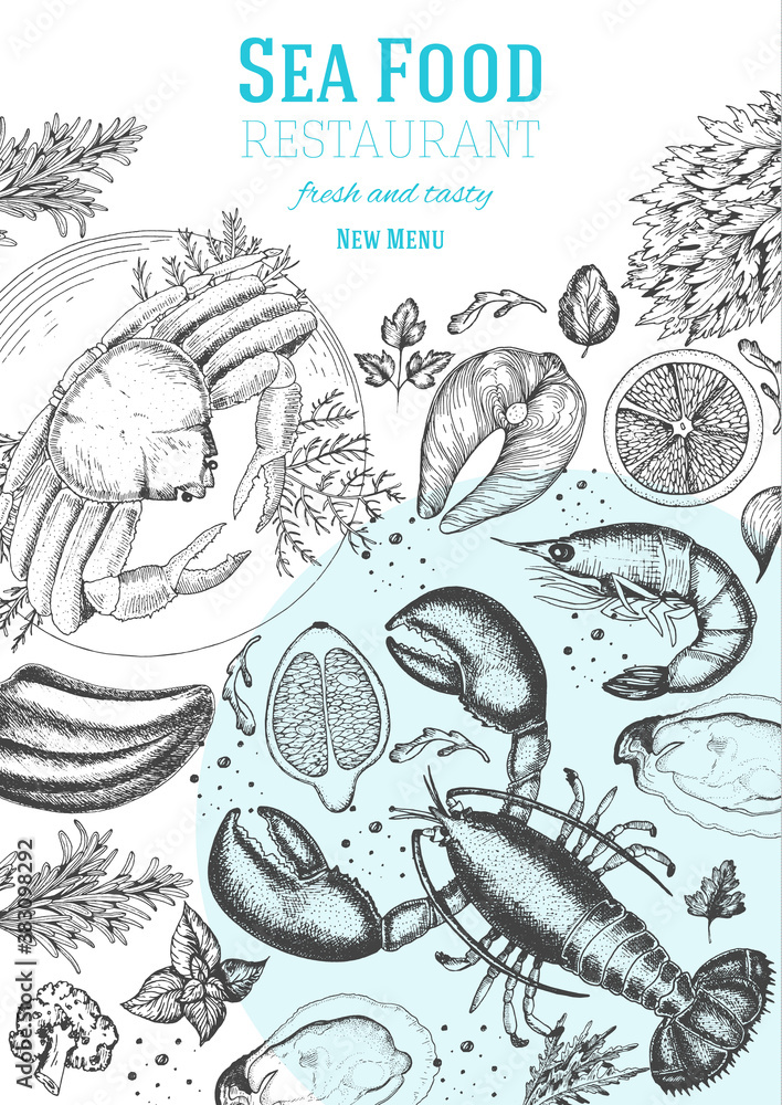 Vintage sea food frame vector illustration. Hand drawn with ink ...