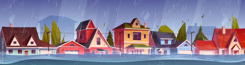 Flood in town, river water stream flow at city street with cottage ...