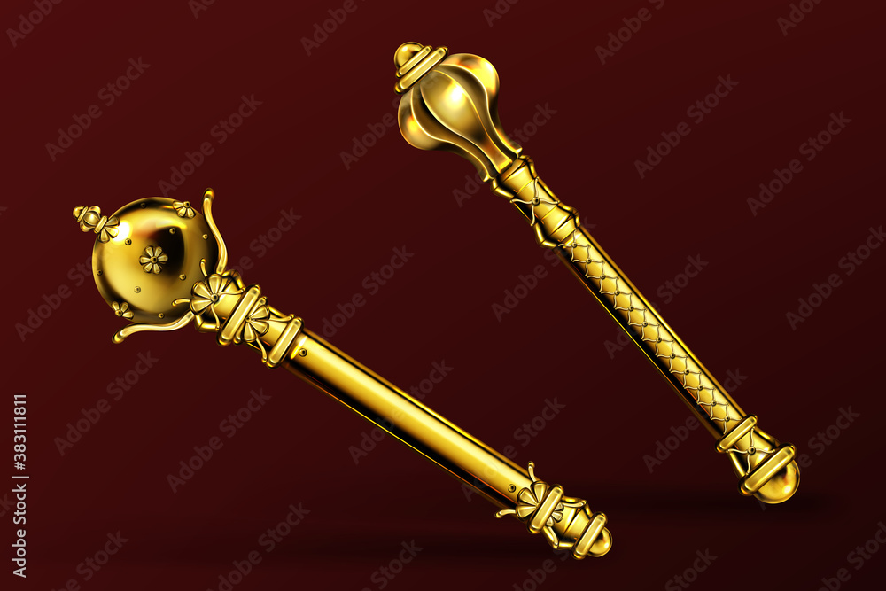 Gold royal scepters, king and queen wands. Vector realistic set of ...