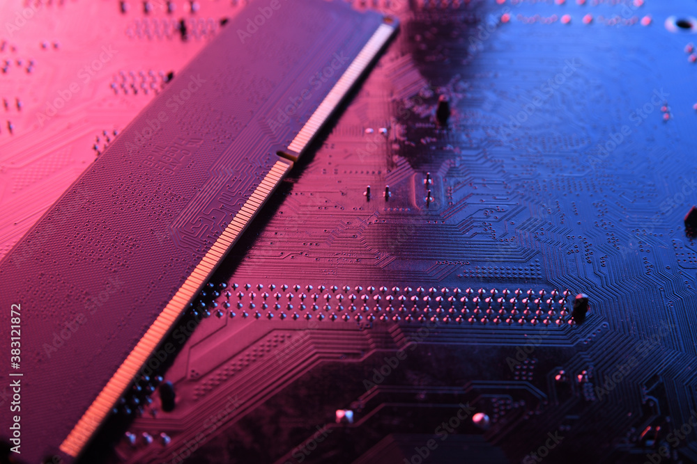 Foto de Stock Computer memory RAM on circuit motherboard background . Close up. system, main ...