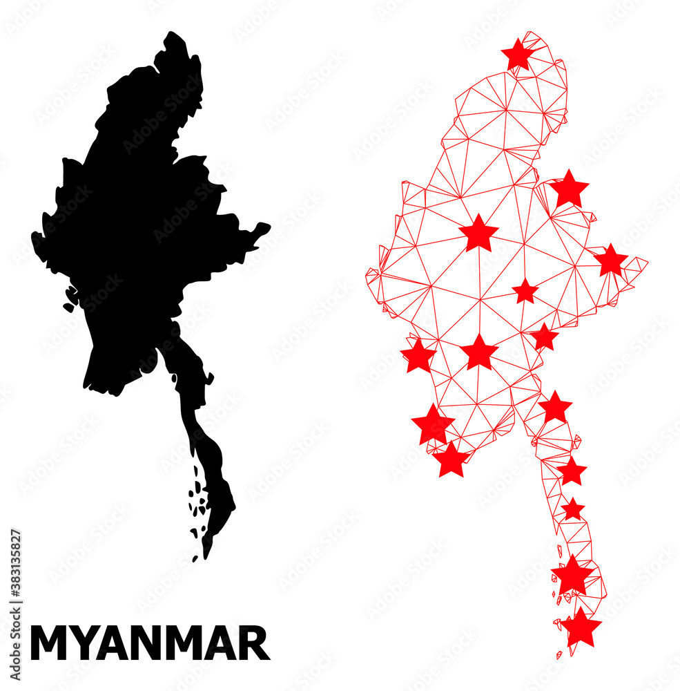 Wire frame polygonal and solid map of Myanmar. Vector structure is ...