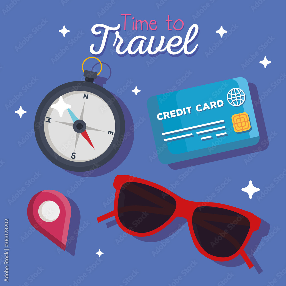 time to travel glasses compass and credit card design, trip tourism and ...