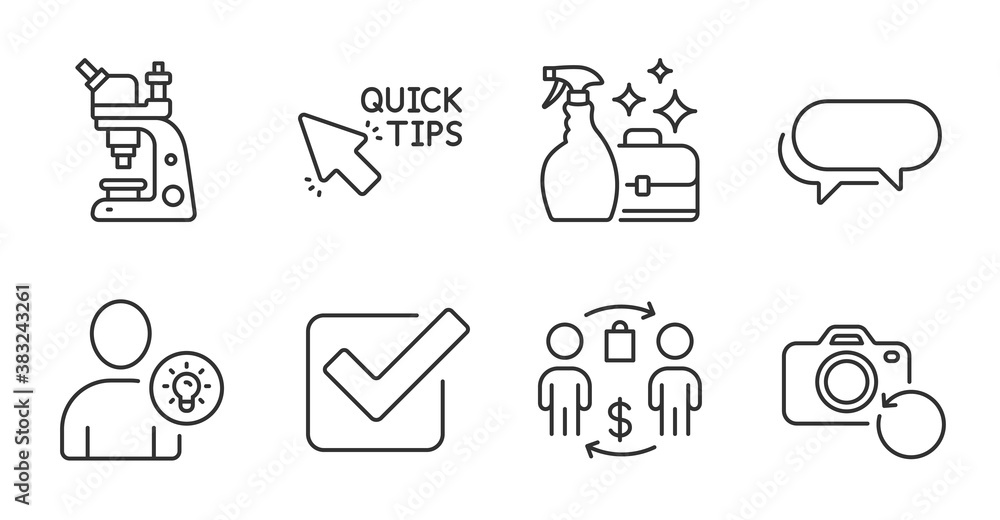 User idea, Buying process and Messenger line icons set. Checkbox, Quick tips and Cleanser spray ...