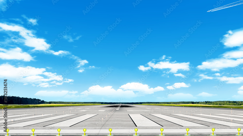 airport runway on grass airfield against blue sky with clouds ...