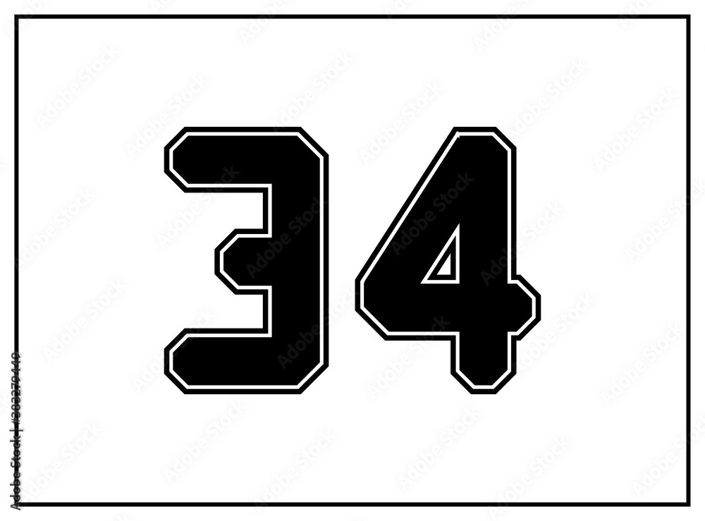 34 number classic american, college style font. Uniform letter in black ...