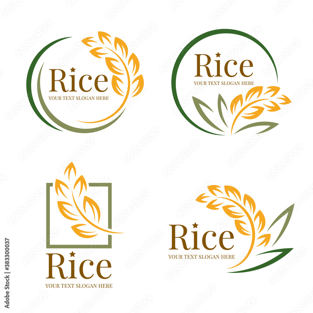 Rice logo organic grain wheat with yellow green paddy rice and leaves ...