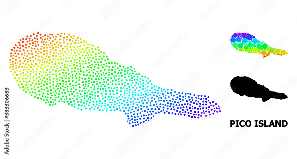 Pixel spectral, and monochrome map of Pico Island, and black text. Vector model is created from ...