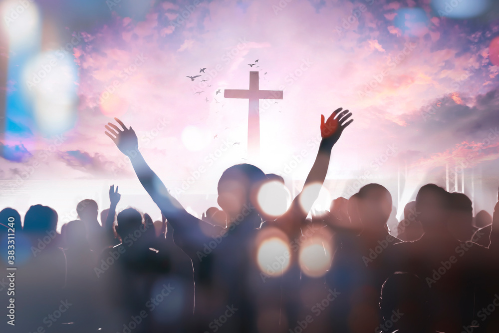 christian people group raise hands up worship God Jesus Christ together ...