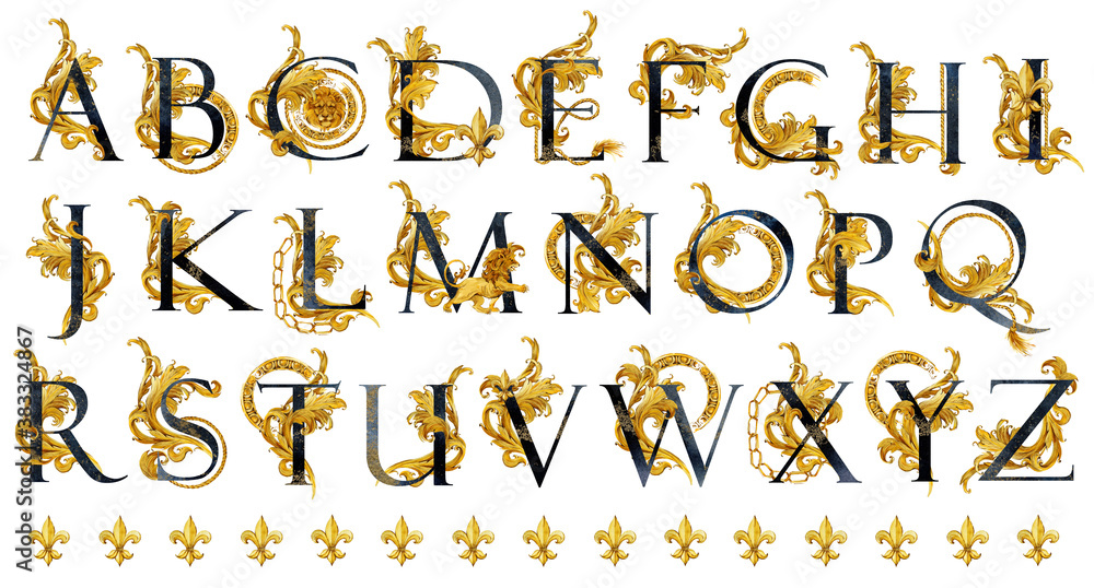 watercolor Alphabet Set. Luxory letters with gold damask curl ...