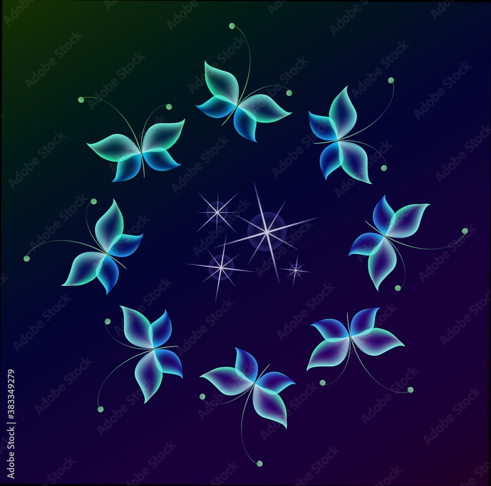 Glowing flying butterflies in a circle...Transparent reflective ...