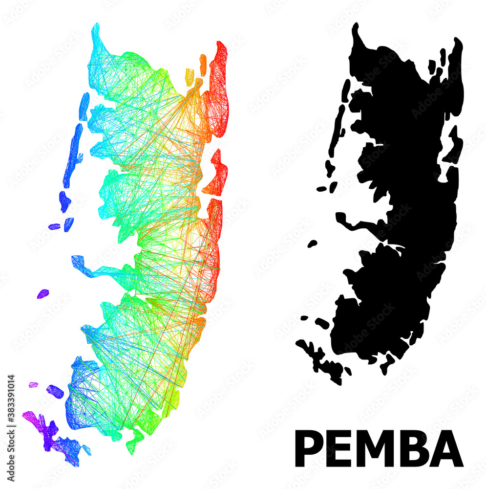 Wire frame and solid map of Pemba island. Vector model is created from ...