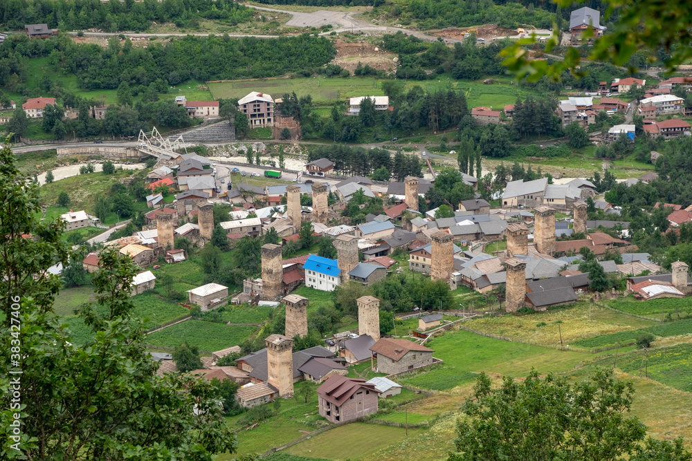 Mestia, a highland townlet in the Caucasus, Georgia. Bird eye view on ...