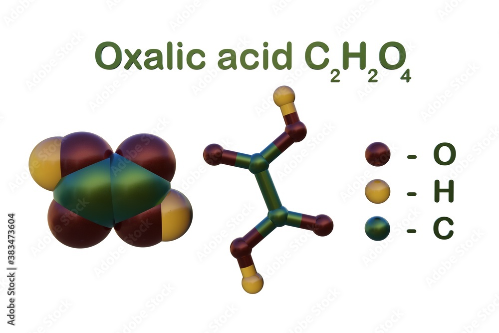Structural chemical formula and molecular model of oxalic acid, a ...