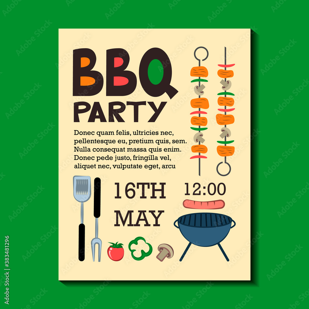 Barbecue party invitation sample on green background featuring barbecue ...