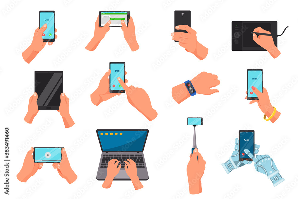 Hand with gadget vector illustration set. Cartoon flat human hand ...