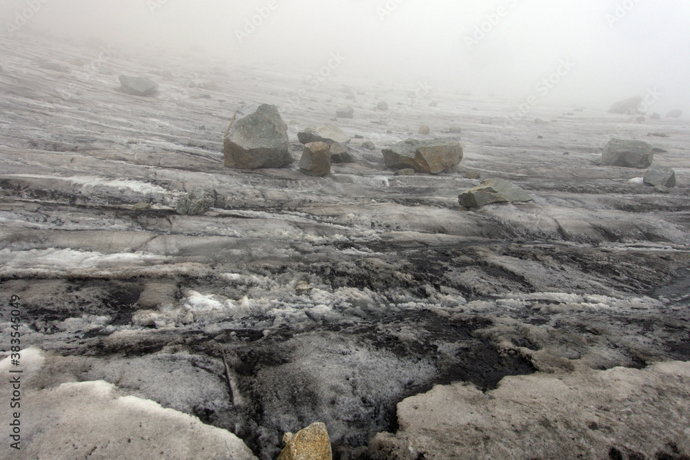 Glacier on a mountain pass. Glacier under the Koshtan pass (3513 meters ...