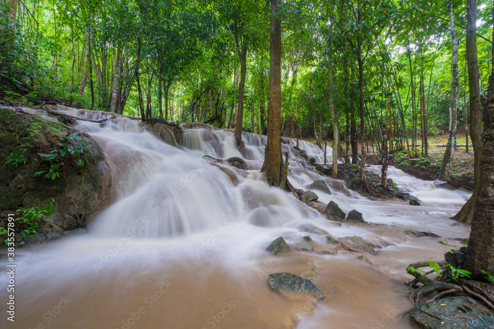 Waterfall scene at Pha Tad Waterfalls in rainforest at the Khuean ...