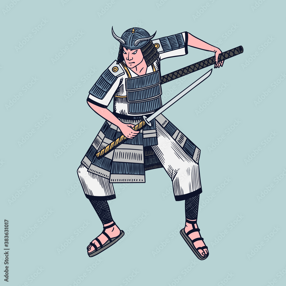 Japanese samurai. Warriors with weapons sketch. Men in a fight pose ...